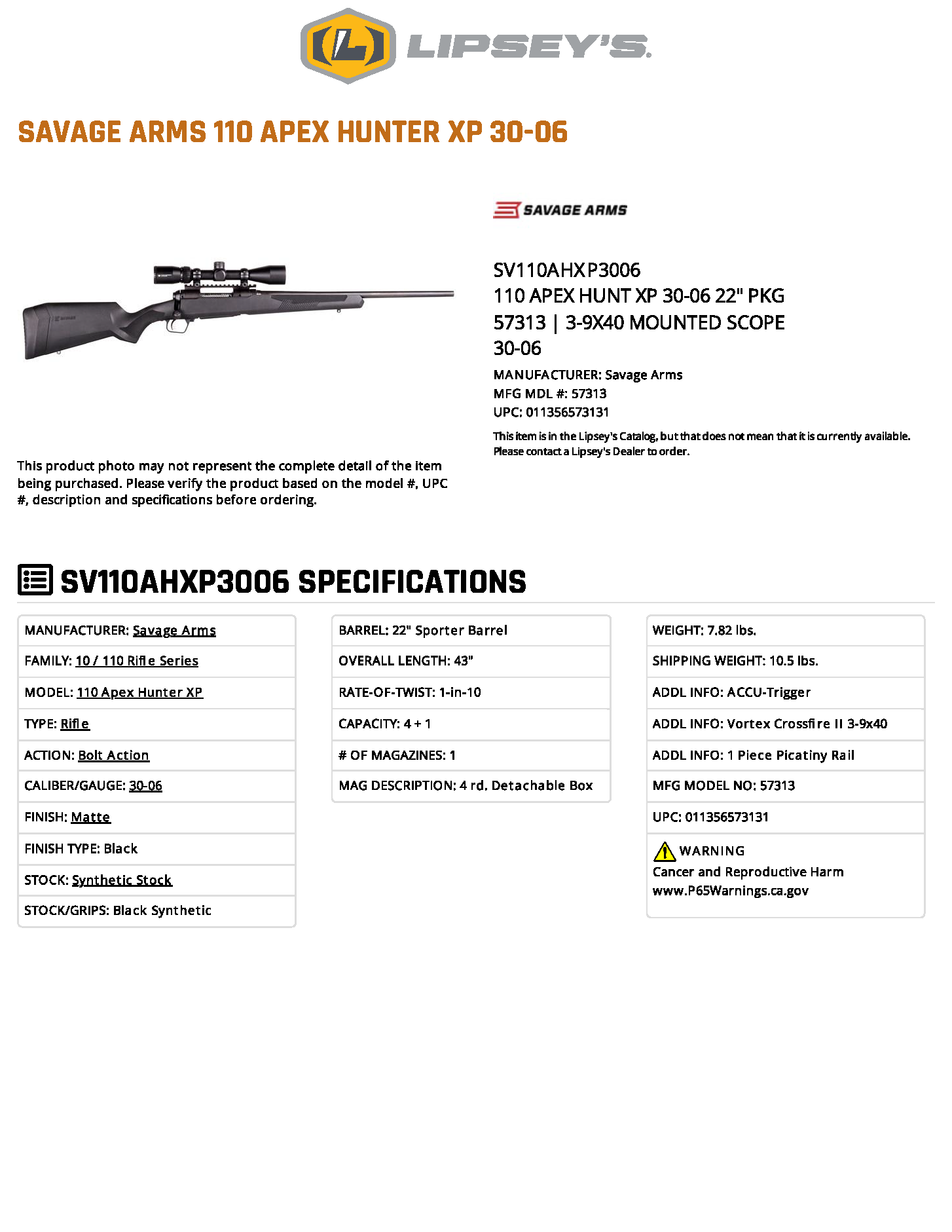 Savage Arms 110 Apex Hunter XP 30-06 w/Vortex Crossfire ll 3-9×40 | Wasteland